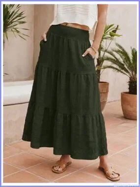 Skirts | Boho Maxi Skirt Flowy Tiered Aline With Pockets Smocked Waist ...